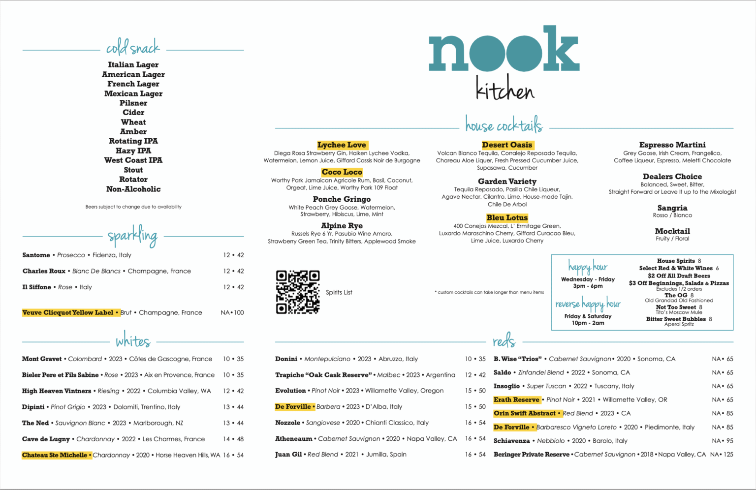 Modern Italian Dinner Menu | Nook Kitchen Arcadia