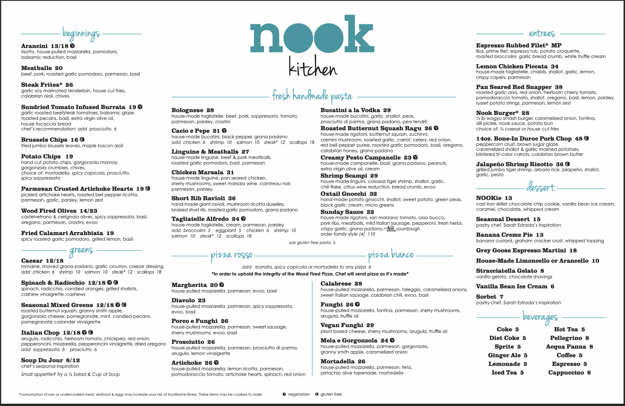 Modern Italian Dinner Menu | Nook Kitchen Arcadia